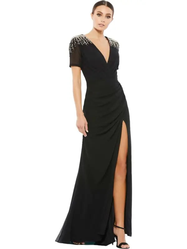 Mac Duggal Embellished Shoulder Evening Gown - Black