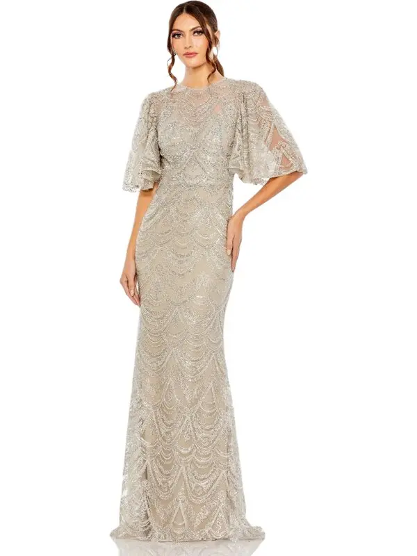 Mac Duggal Sequin-embellished Flutter Sleeve Gown - Taupe