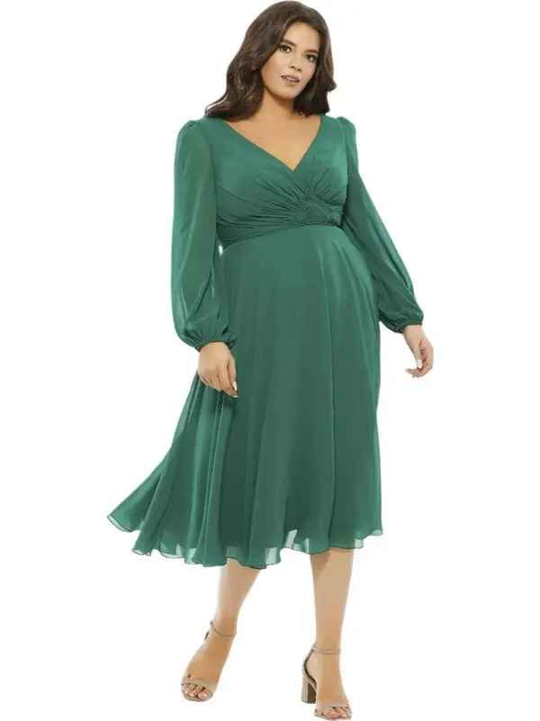 Mac Duggal Chiffon Bishop Sleeve Surplice Dress - Emerald Green