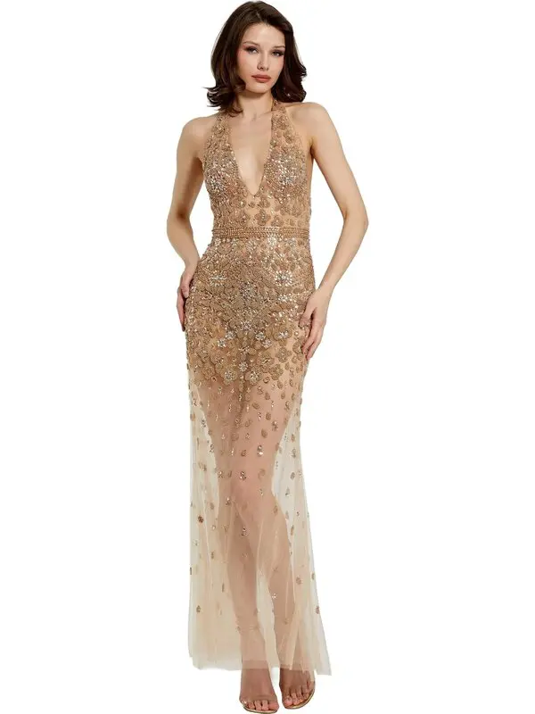 Mac Duggal Embellished Halter Gown - Nude Silver