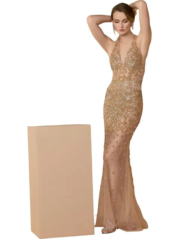 Mac Duggal Embellished Halter Gown - Nude Silver