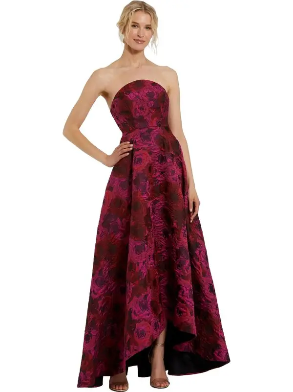 Mac Duggal Strapless Brocade High-low A-line Gown - Magenta Multi