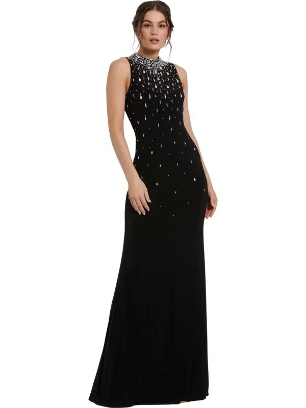 Mac Duggal High Neck Sleeveless Beaded Jersey Fitted Gown - Black