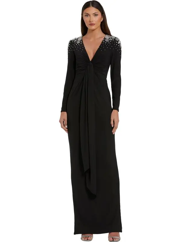 Mac Duggal Jersey Gown With Beaded Shoulders - Black