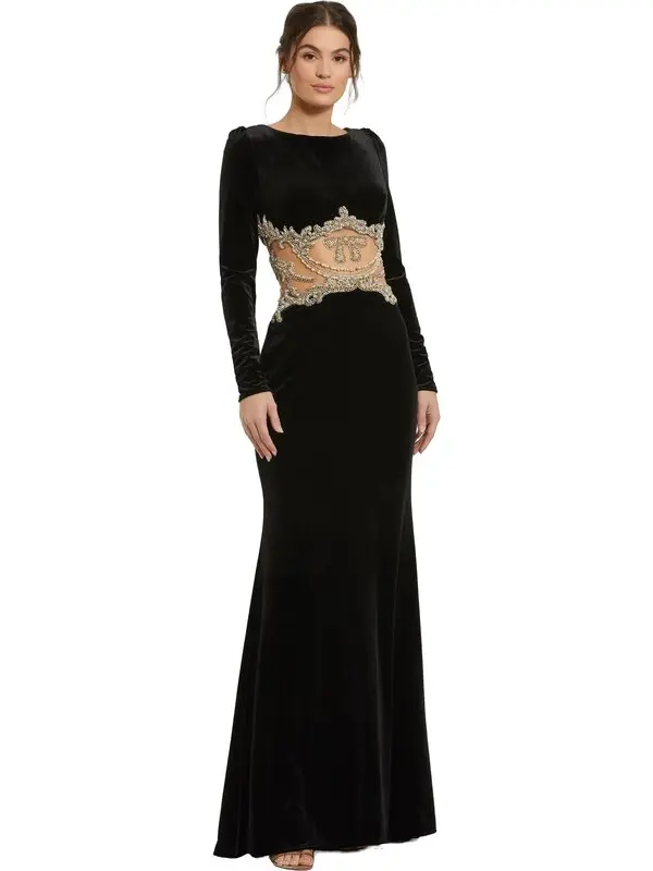 Mac Duggal Long Sleeve Sheer Embellished Velvet Gown - Black