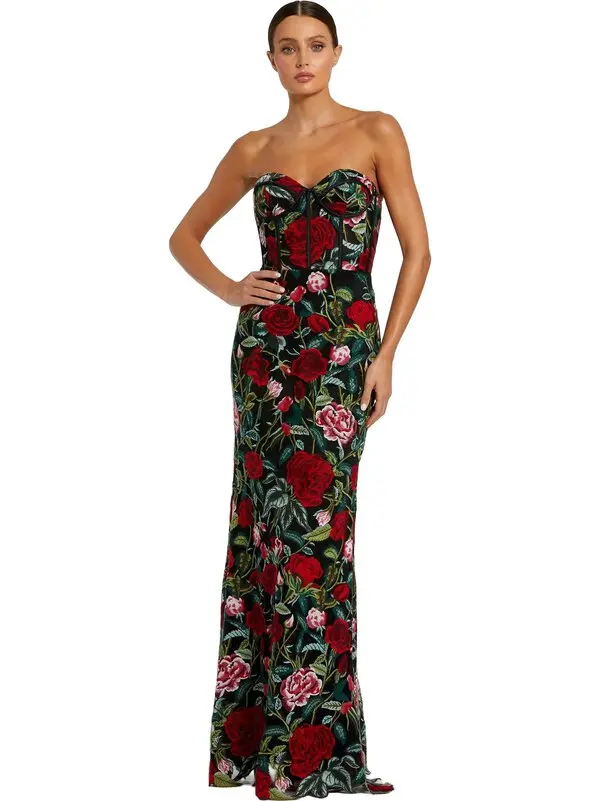 Mac Duggal Floral Appliqué Bustier Gown - Black Multi