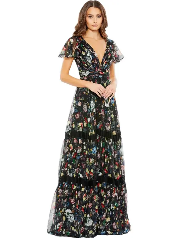 Mac Duggal Floral Print Butterfly Sleeve Gown - Black Multi