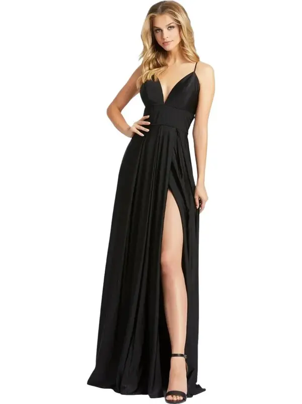 Mac Duggal Plunge Neck High Slit Gown - Black
