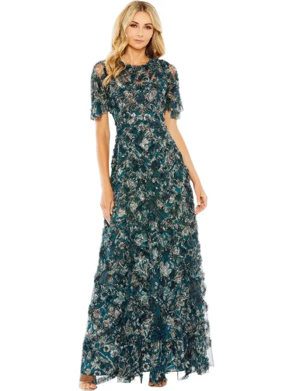 Mac Duggal Floral Ruffle Detail Maxi Dress - Teal Multi