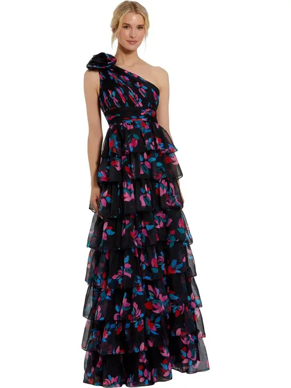 Mac Duggal Floral Chiffon One Shoulder Tiered Ruffle Gown - Black Multi