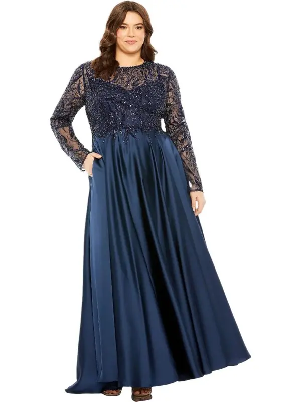 Mac Duggal Long Sleeve Beaded Top Gown - Midnight