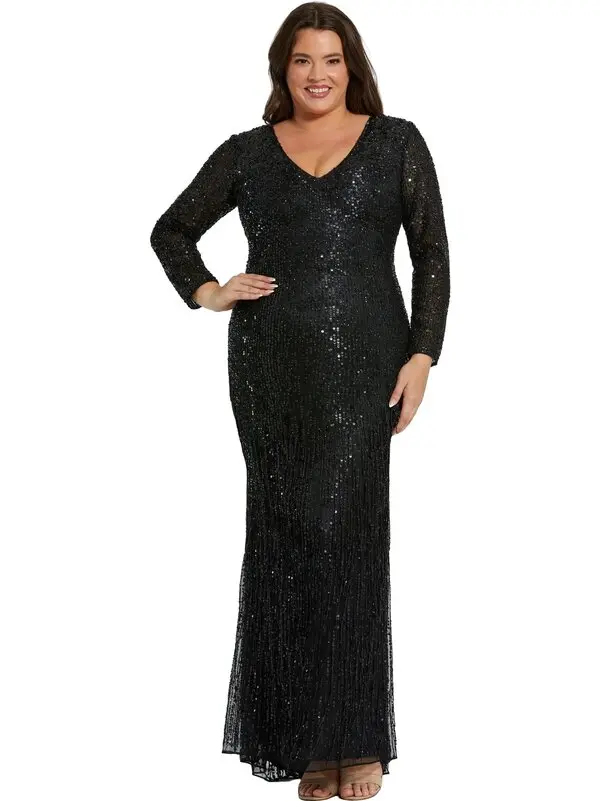 Mac Duggal Long Sleeve V-neck Beaded Fringe Gown - Black