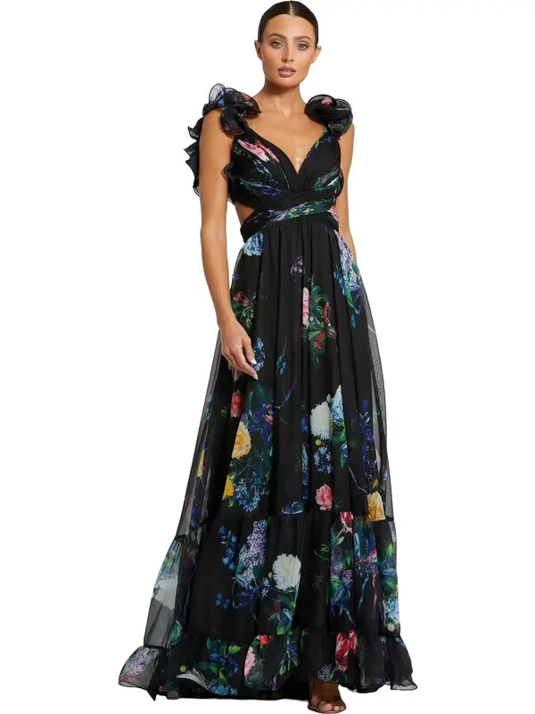 Mac Duggal Floral Cut-out Chiffon Gown - Black Multi