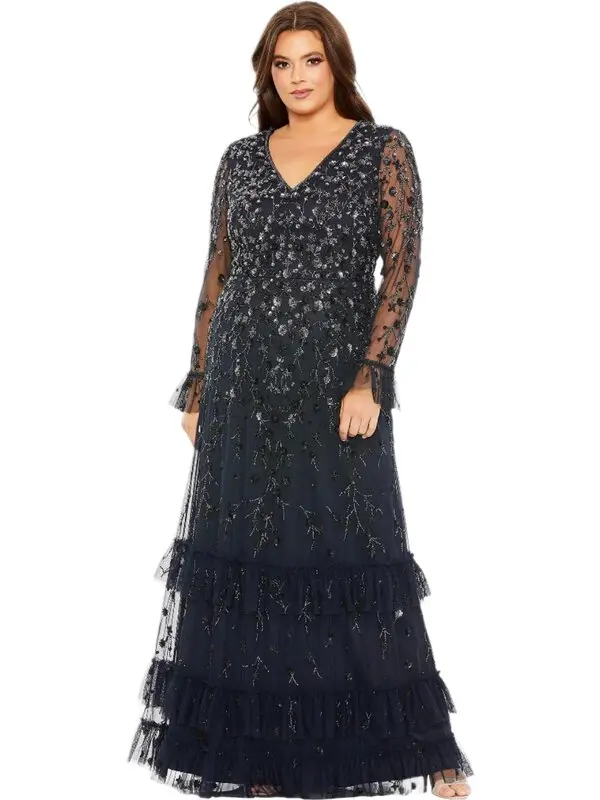 Mac Duggal V-neck Embellished Long Flutter Sleeve Gown - Midnight