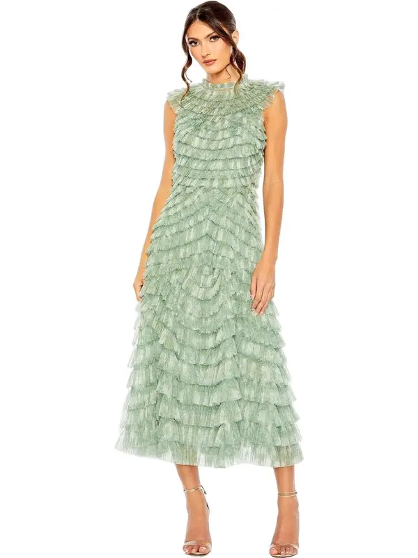 Mac Duggal High Neck Ruffle Tiered Mesh Dress - Green Multi
