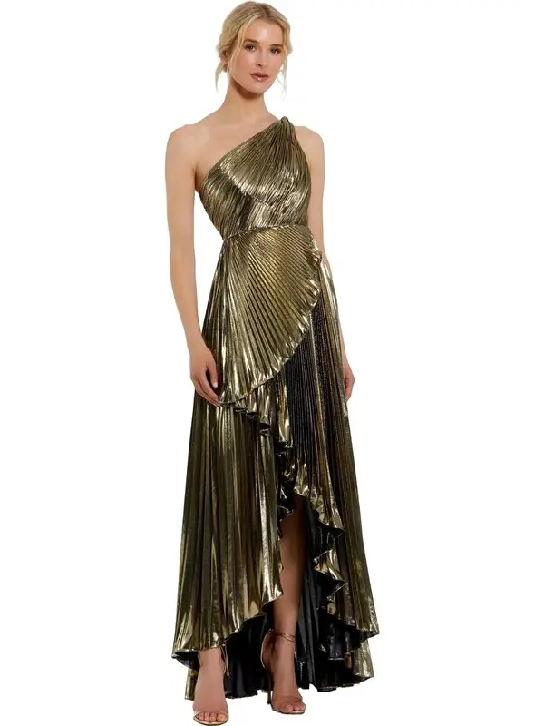 Mac Duggal Pleated Metallic One Shoulder High Low Gown - Gold
