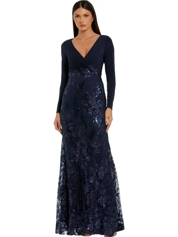 Mac Duggal Embellished Long Sleeve Wrap Over Trumpet Gown - Midnight