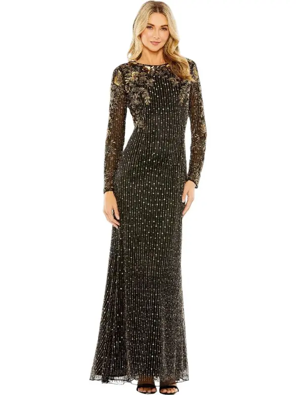 Mac Duggal Embellished Long Sleeve Gown - Black Gold