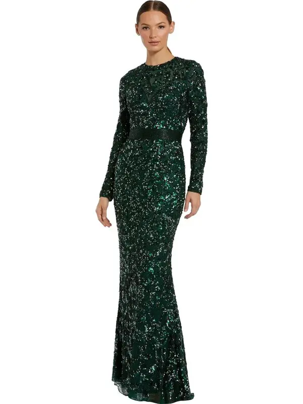 Mac Duggal Hand-embellished Long Sleeve Gown - Forest Green