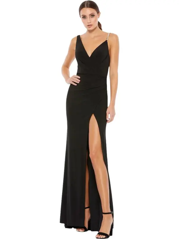 Mac Duggal Faux Wrap Pearl Strap Gown - Black