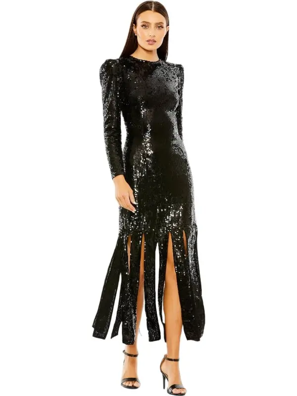 Mac Duggal Long Sleeve High Neck Carwash Panel Dress - Black