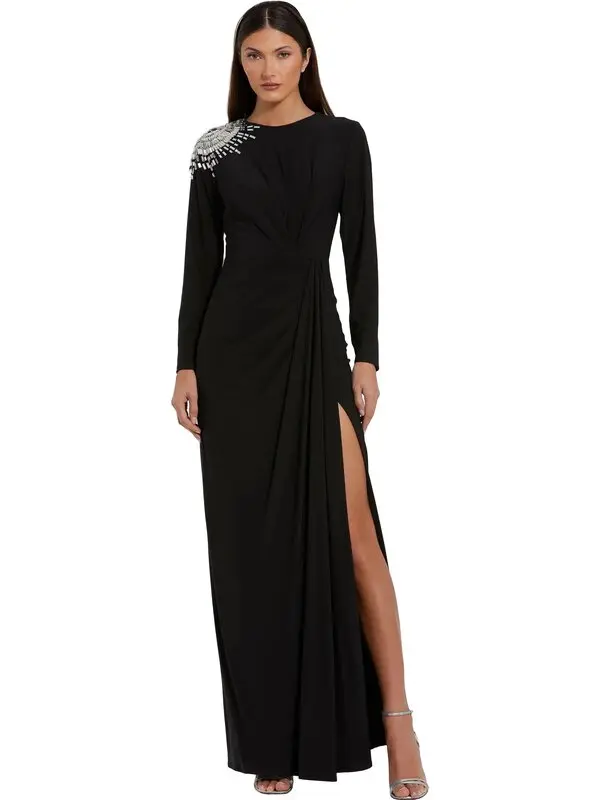 Mac Duggal Jersey Long Sleeve Wrap Gown With Beaded Shoulder - Black