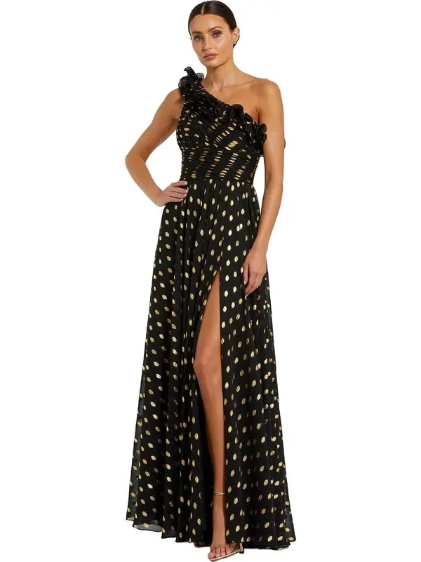 Mac Duggal One Shoulder Ruffle Gown With Slit - Black Gold