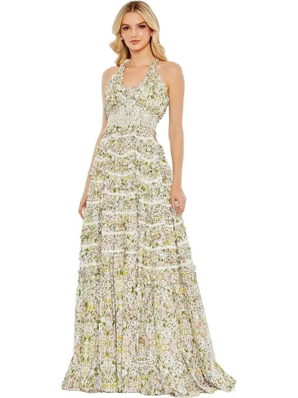 Mac Duggal Floral Cotton Cross Back Smock Gown - Ivory Multi