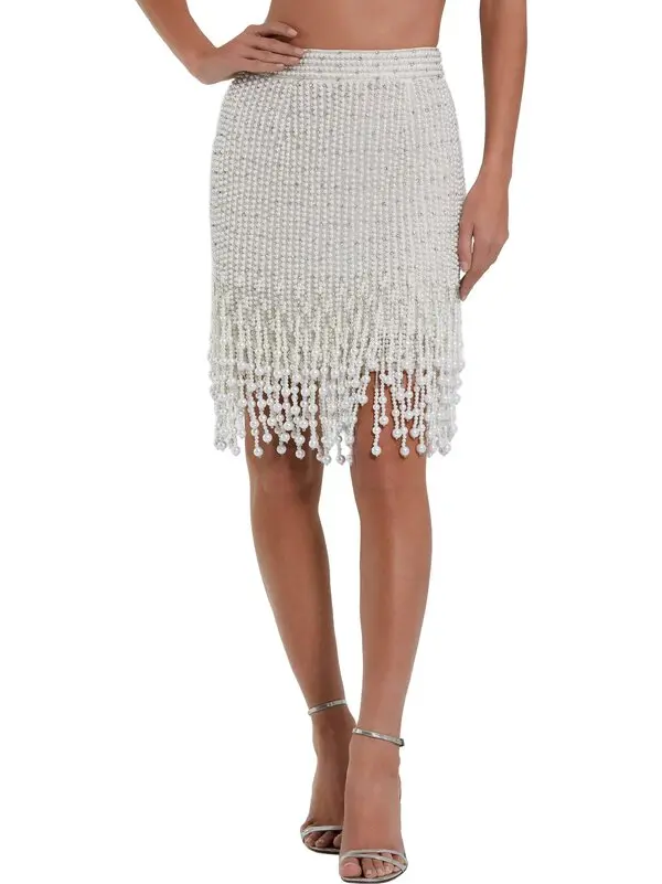 Mac Duggal White Pearl Beaded Mini Skirt - Ivory