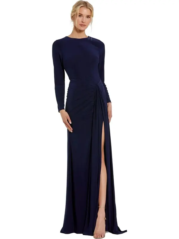 Mac Duggal Fitted Jersey Gown With Ruching And Slit - Midnight