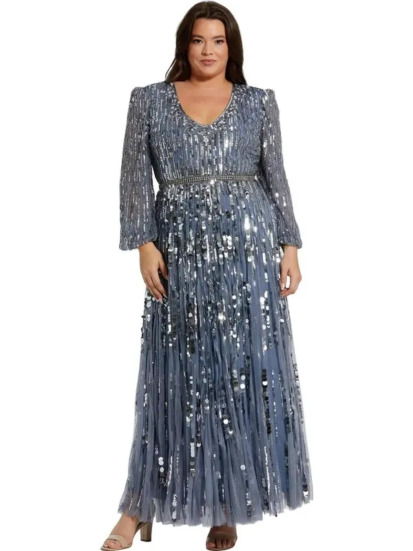 Mac Duggal Embellished Long Sleeve V-neck Gown - Slate Blue