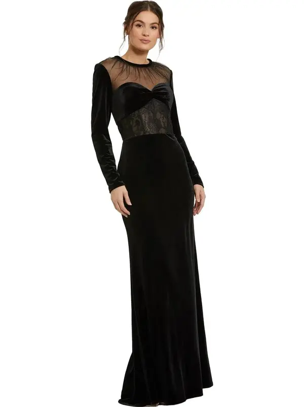 Mac Duggal Long Sleeve Sheer Top Lace Bustier Velvet Gown - Black