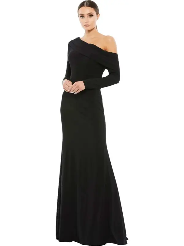 Mac Duggal Drop Shoulder Long Sleeve Column Gown - Black