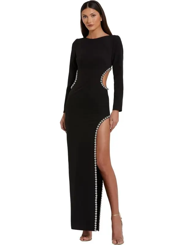 Mac Duggal Crepe Long Sleeve Gown With Beaded Cut-outs - Black