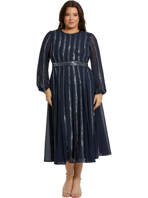 Mac Duggal Sequin Long Sleeve A-line Dress - Midnight
