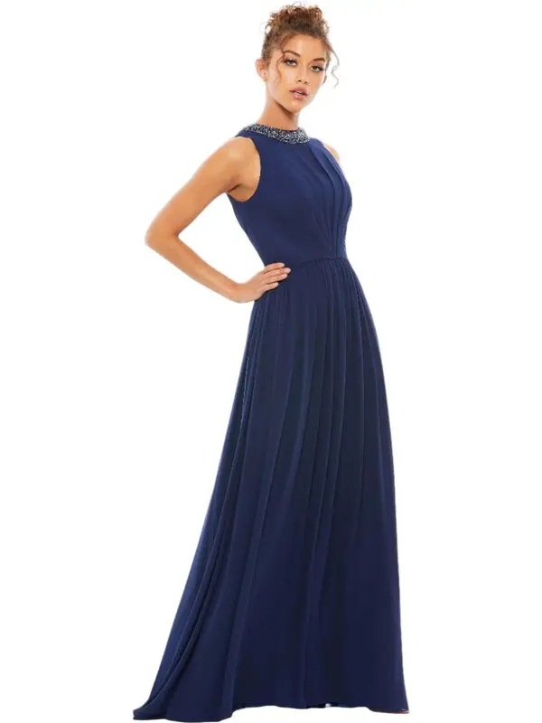Mac Duggal Bejeweled Neckline Pleated Chiffon Gown - Midnight