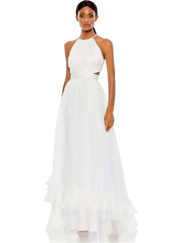 Mac Duggal Pleated Criss Cross Cut-out Halter Neck Gown - White