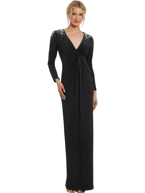 Mac Duggal Jersey V-neck Gown With Beaded Shoulders - Black
