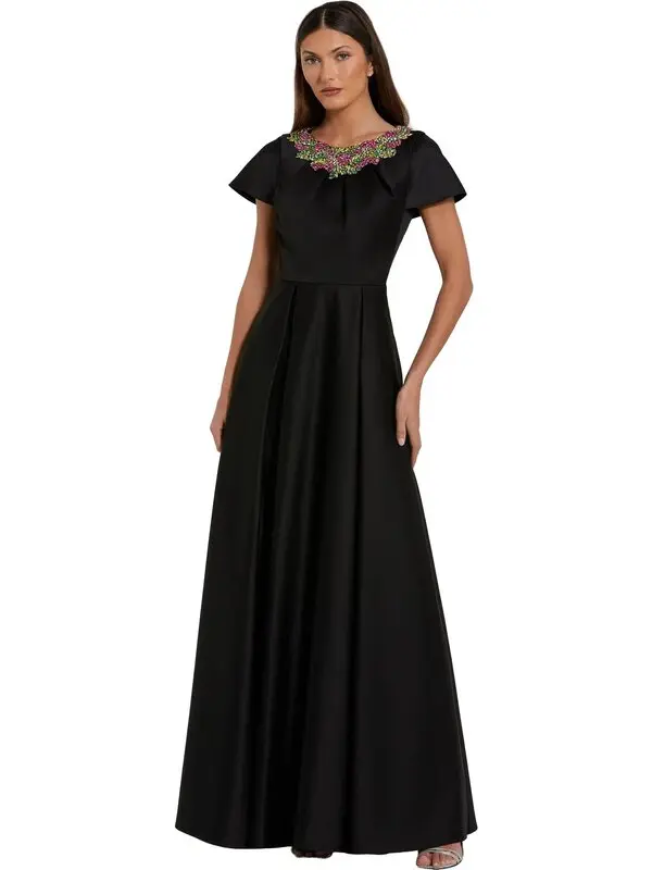 Mac Duggal Satin Flutter Sleeve Gown With Beaded Neckline - Black