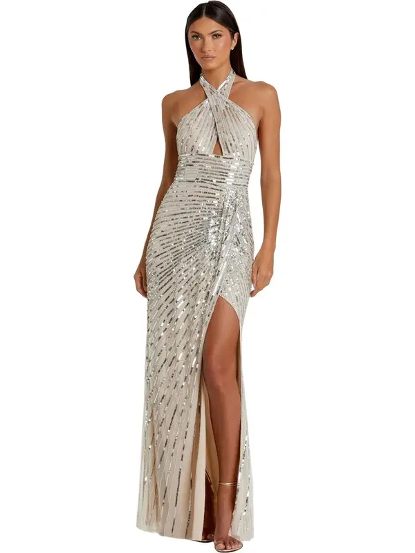 Mac Duggal Sequin Halter Keyhole Column Gown - Nude/silver