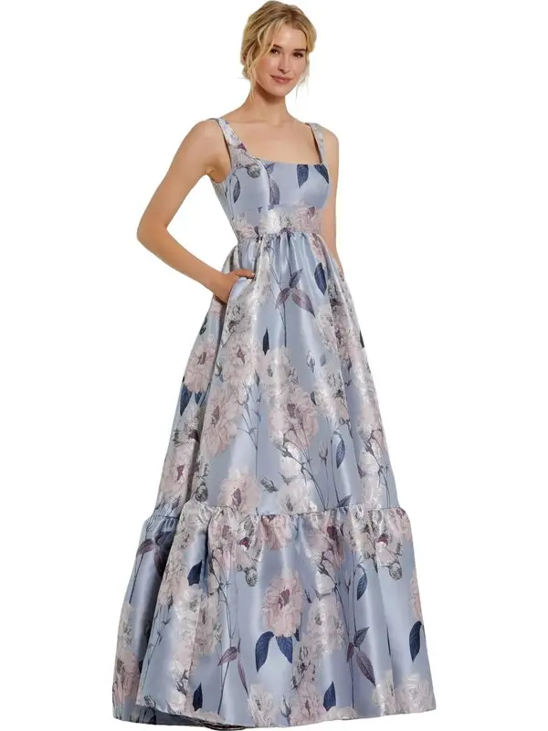 Mac Duggal Floral Printed Satin Gown With Pockets - Blue Multi