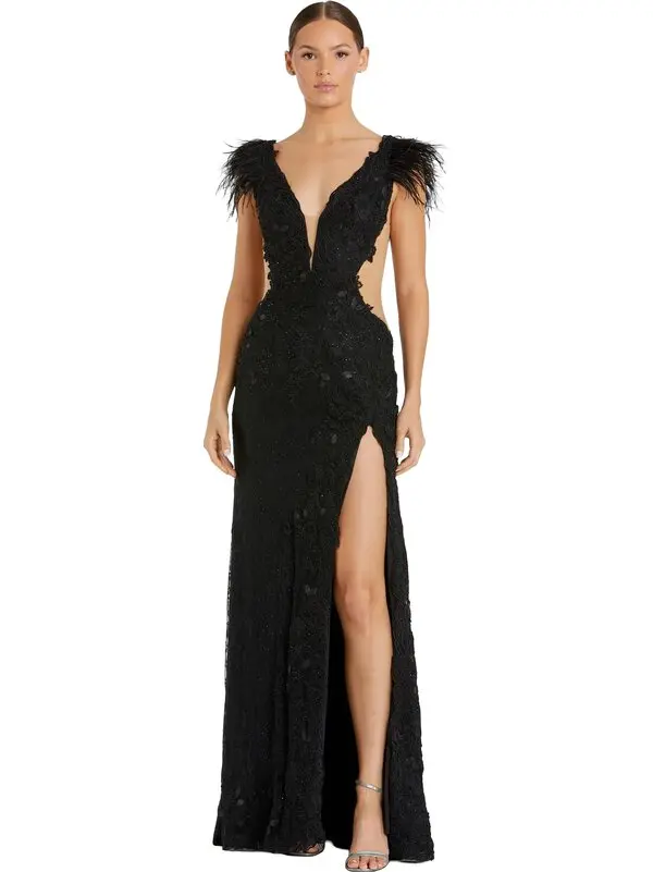 Mac Duggal Feather Cap-sleeve Lace Gown - Black