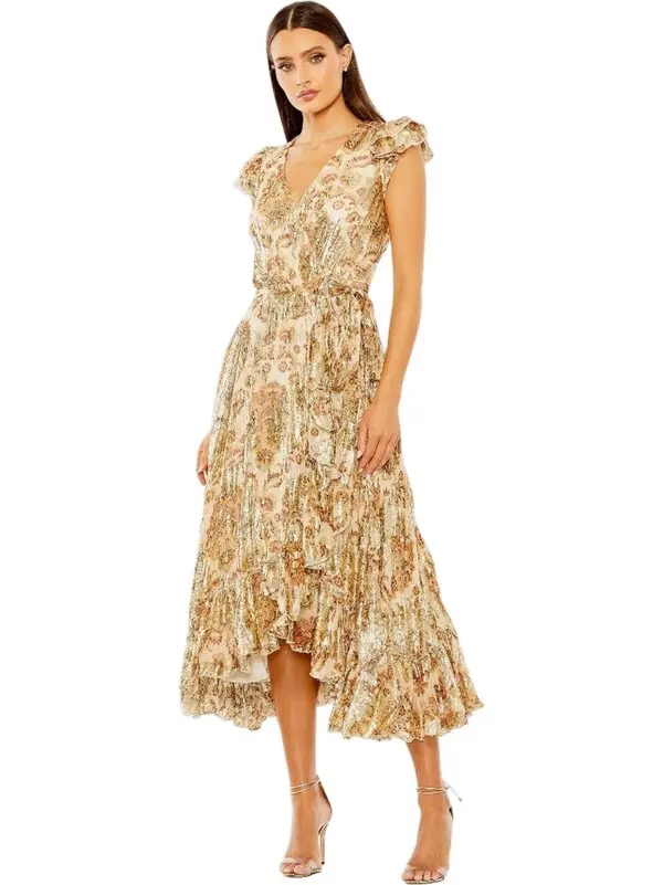 Mac Duggal Floral Chiffon Flutter Sleeve Wrap Dress - Cream Multi