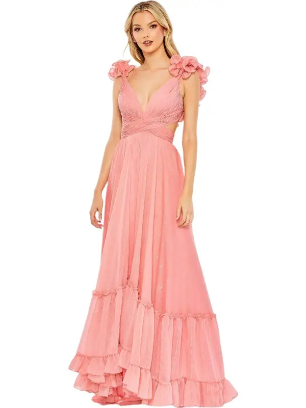 Mac Duggal Ruffle Sleeve V-neck A-line Gown - Coral