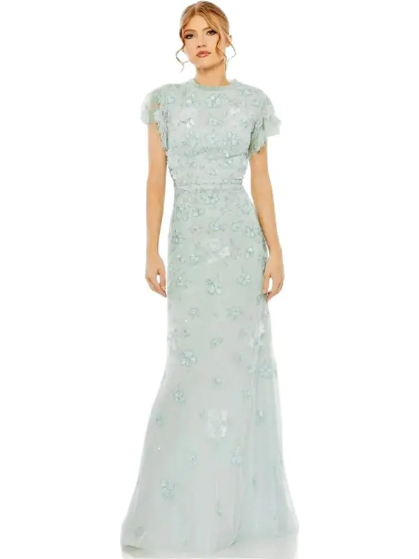 Mac Duggal Floral Embellished High Neck Flutter Sleeve Gown - Blue