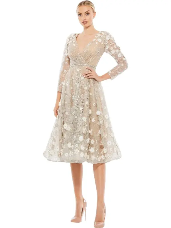 Mac Duggal Floral Embellished Lace A-line Cocktail Dress - Beige Blush