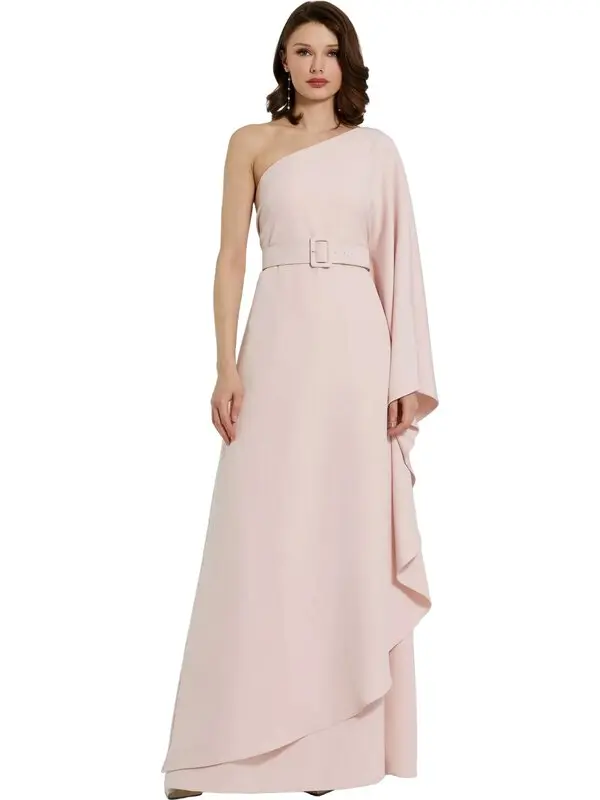Mac Duggal Crepe One-sleeve Belted Kaftan Dress - Blush