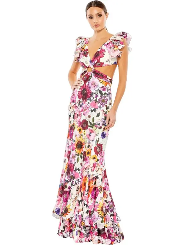 Mac Duggal Floral Print Ruffle Shoulder Cut Out Gown - White Multi