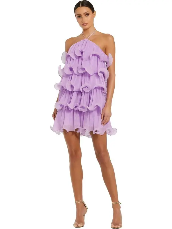 Mac Duggal Crinkle Chiffon Tiered Ruffle Mini Dress - Lilac