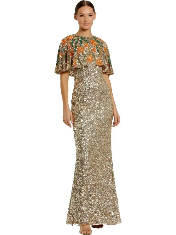 Mac Duggal Embellished Gown With Floral Beaded Shawl - Gold Multi